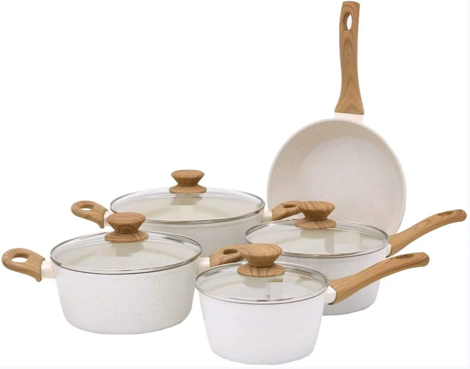 Wood Grain Soft Handle High-quality Forged Nonstick Cookware Set Marble ...