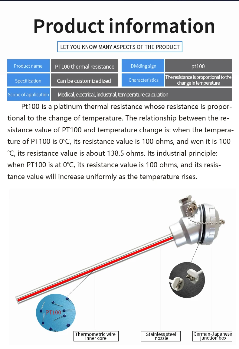 PT100 PT1000 Three Wire Industrial Stainless Steel Probe Thermocouple ...
