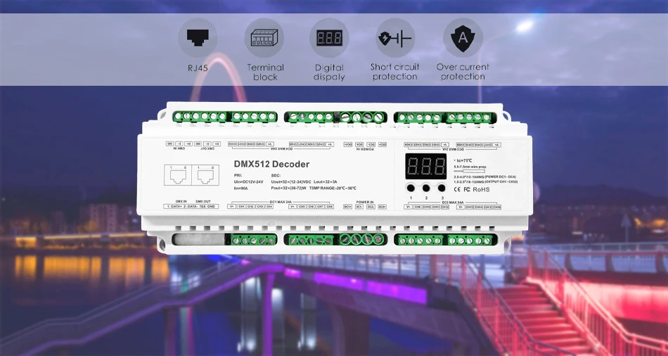 DMX512 to Constant Voltage PWM LED Decoder - 24CH, 32CH, 40CH
