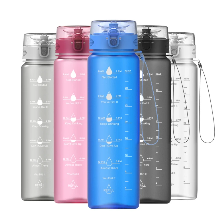 Plastic Motivational Fitness Sports Water Bottle With Time Marker Leakproof Plastic Water Bottle ...