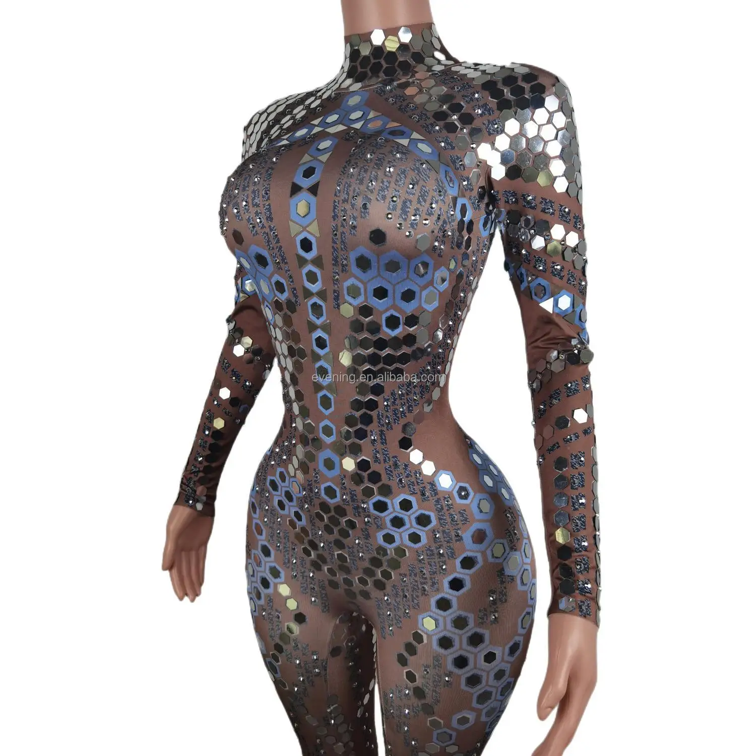 Sexy Bling Sequins Rhinestone Jumpsuit Spandex One Piece Bodysuits Slim