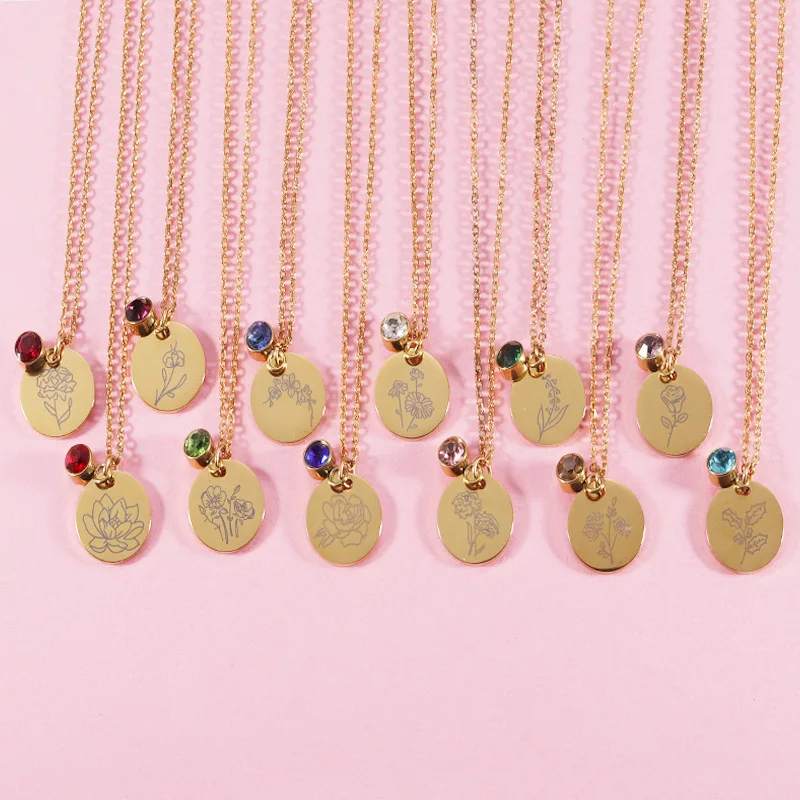Stainless Steel Birth Flower Birthstone Pendant Necklace