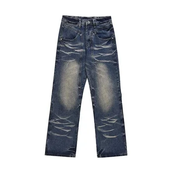 American Retro Washed Ripple Design Sense Hip-hop Trend Straight Denim ...