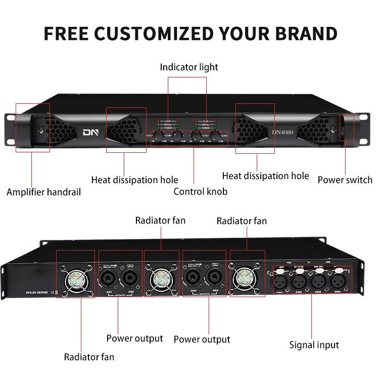 1U 4-Channel Power Amplifier - 4x1400w Professional Stage Speaker Amplifier