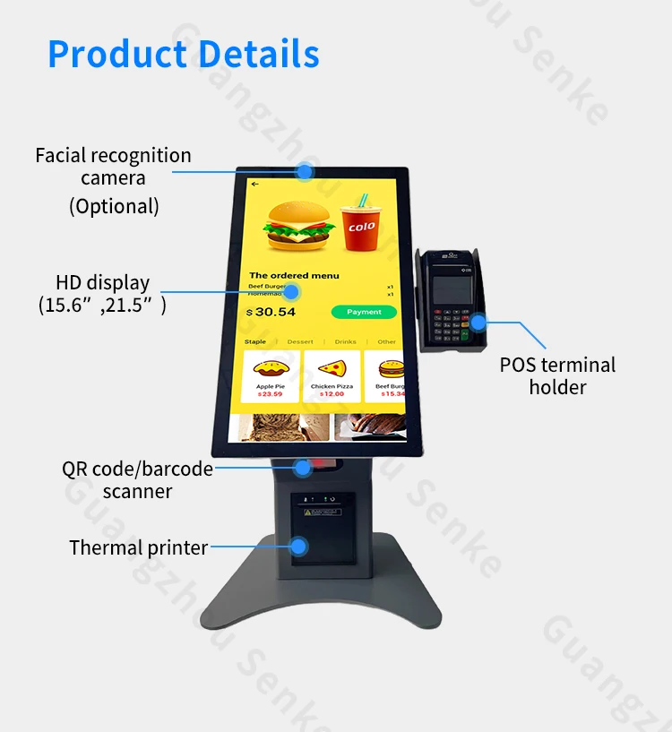 Restaurant Kiosk 15.6 21.5 Inch Full Hd Lcd Screen Free Standing / Countertop Ordering Food Qsr ...