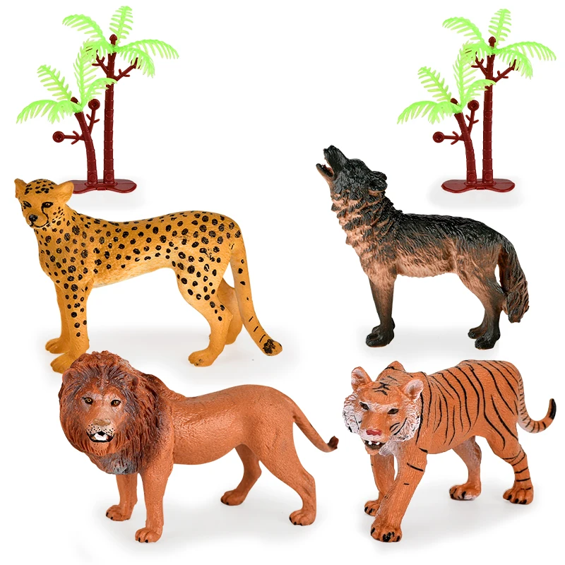 Kids Realistic Animal Models lion tiger Leopard Wolf 2 Trees Plastic ...