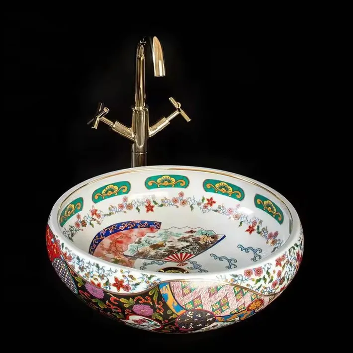 Antique Chinese Bowl Sink Ceramic Art Basin Colorful Bathroom Hand Wash ...
