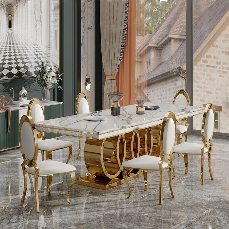 Modern Luxury Rectangular Gold Dining Table Set for 6 - Marble Top with ...