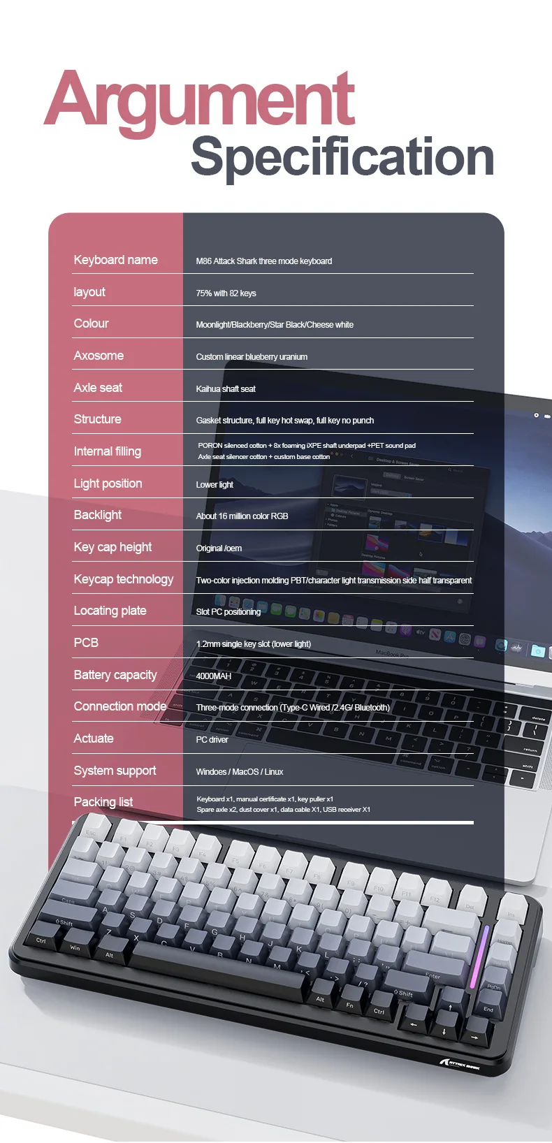 Attack Shark M86 Wireless Mechanical Keyboard BT RGB Three-mode Customized Gaming Side Engraved ...