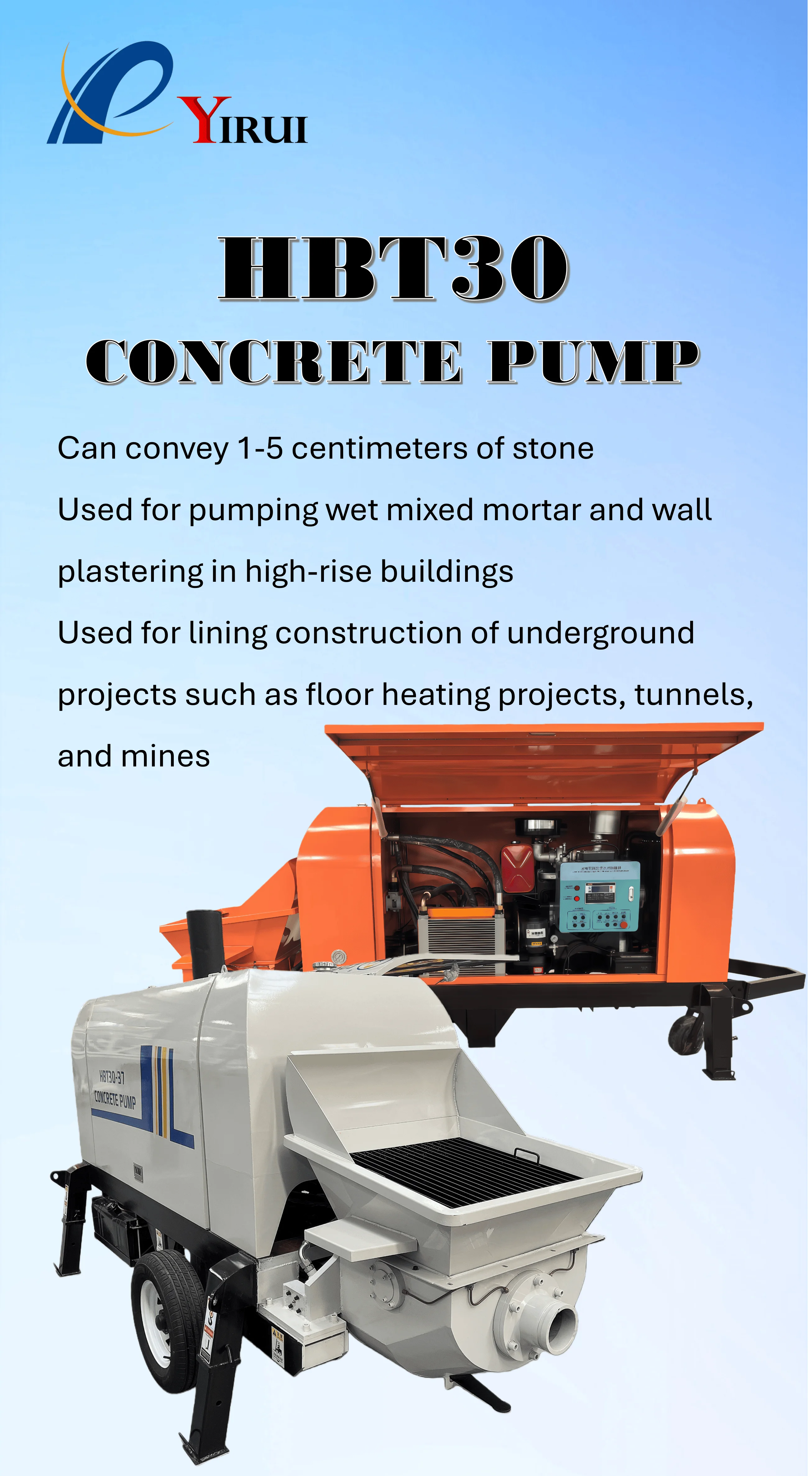 YIRUI HBT30 Diesel High-Efficiency Concrete Transfer Pump Trailer 80m ...