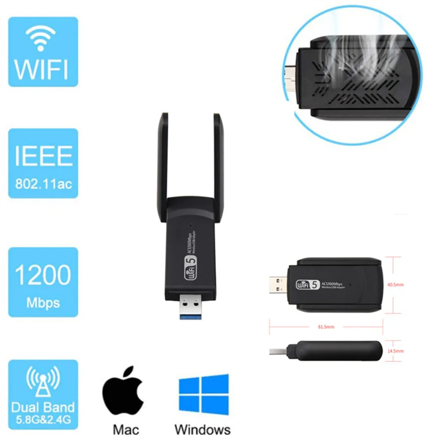 USB Wireless Network Card 2.4G 5G 1200Mbps Dongle Antenna AP Wifi ...