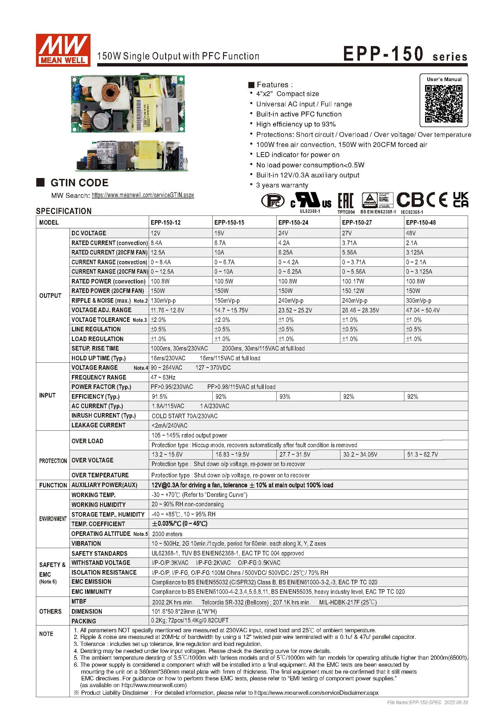 Epp-150 Pcb Bare Board Power Supply Epp-150-12/15/24/27/48v Epp-150-48 ...