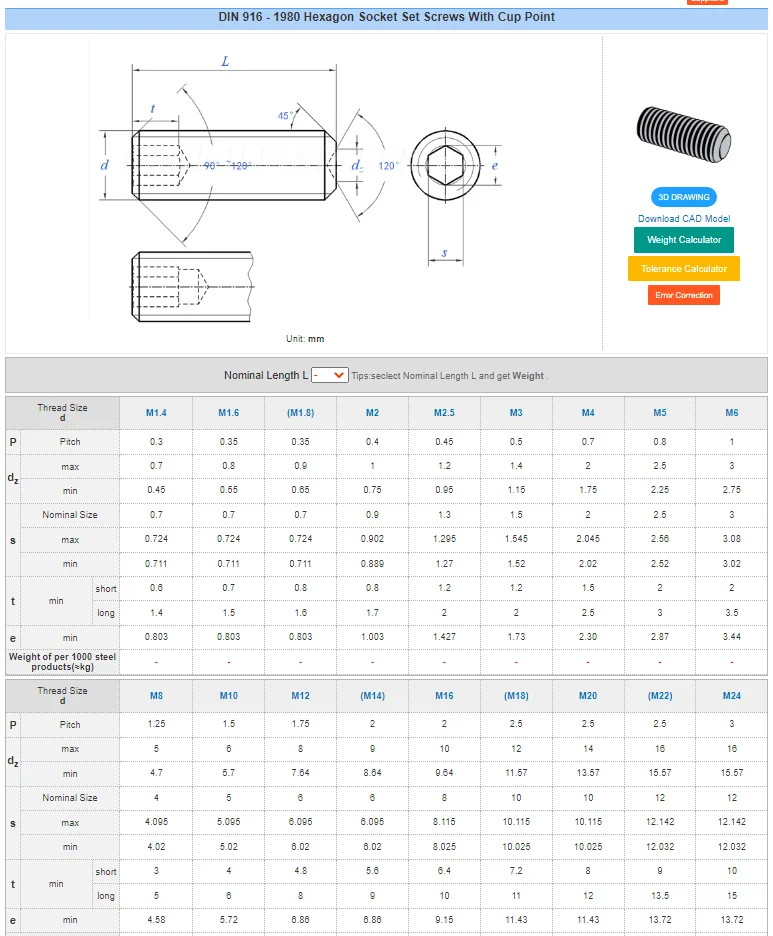 M1.4 M24 Yellow Brass H59 H62 Copper Bronze Hexagon Socket Set Screws With Cup Point DIN916 ...