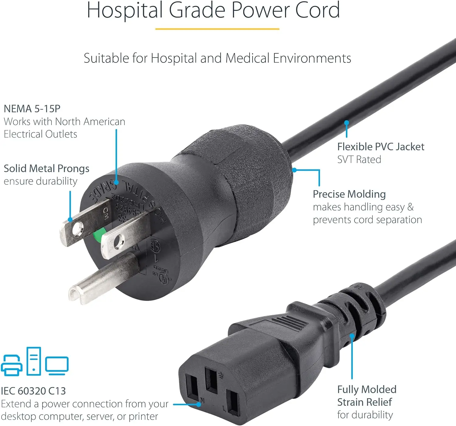 8ft SJT 18AWG USA Hospital Grade Nema 5-15P to C13 Plug Green Dot Power ...