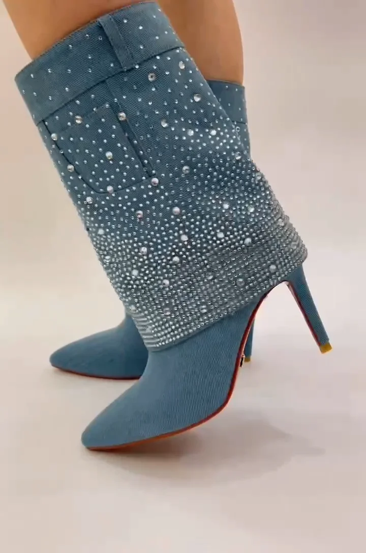 New Stylish Denim Rhinestone Mid-calf Stiletto Heel Boots For Women ...