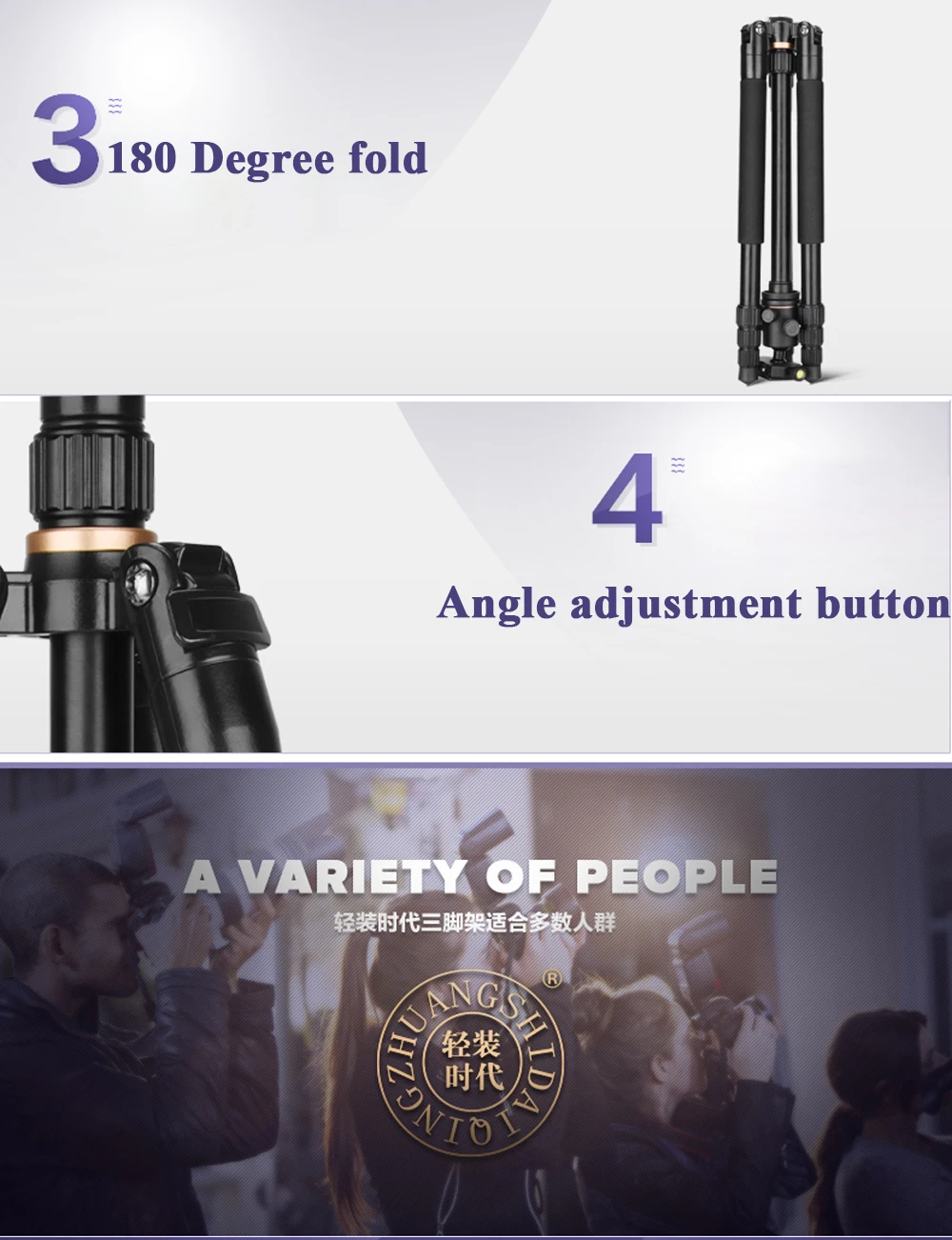 Q222 62'' 8KG Load AluminumTripod Monopod Flexible Travel Tripod Stand ...