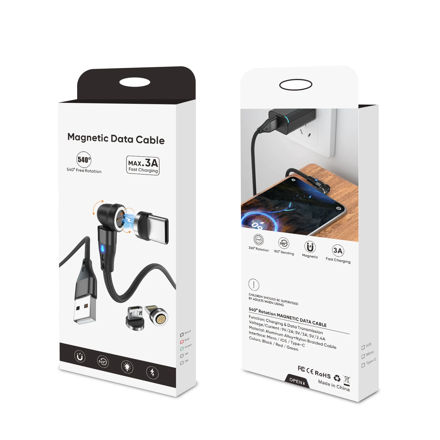 540 Cable Magnetic Usb 3 In 1 Fast Charging Cable L Shape & Straight 3a ...