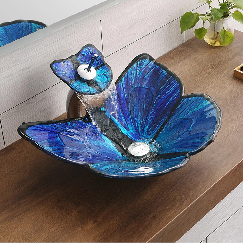 Blue Butterfly Shape Hand Paint Bathroom Glass Vessel Sink Basin - Buy ...