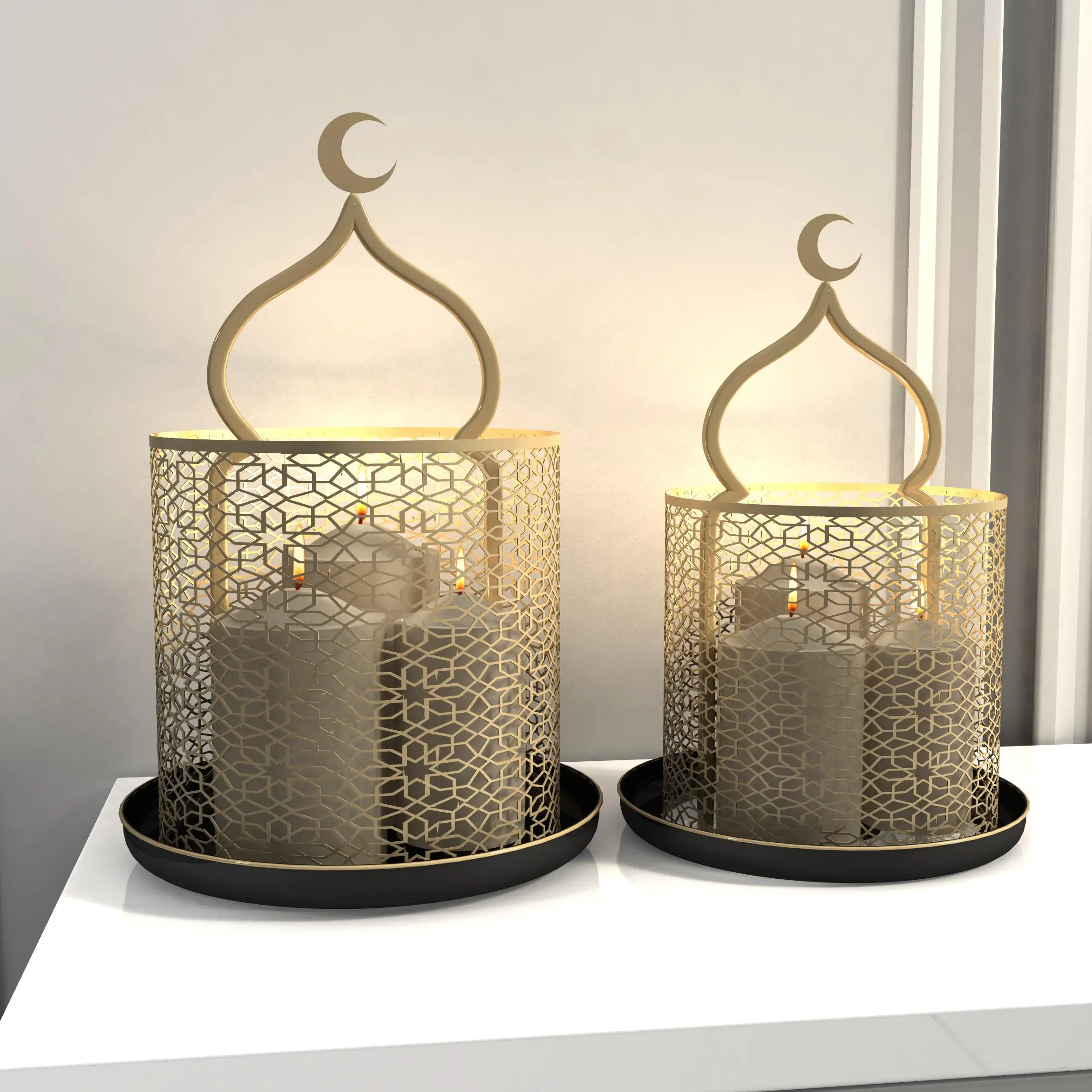 Eid Ramadan Set of 2 Decorative Metal Gold Candle Lanterns