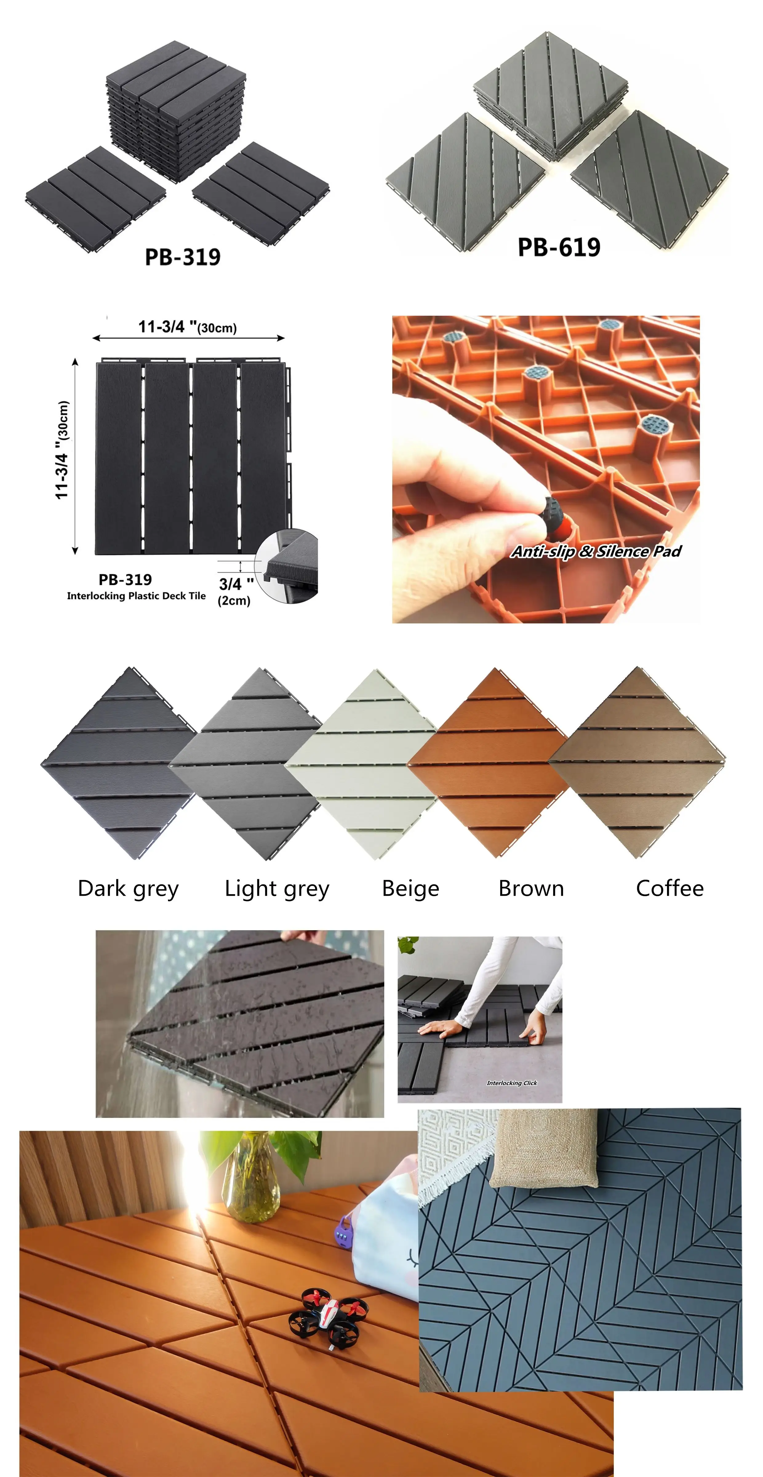 Wood Grain Splicing Plastic Floor Interlocking Plastic Deck Tile Pp ...