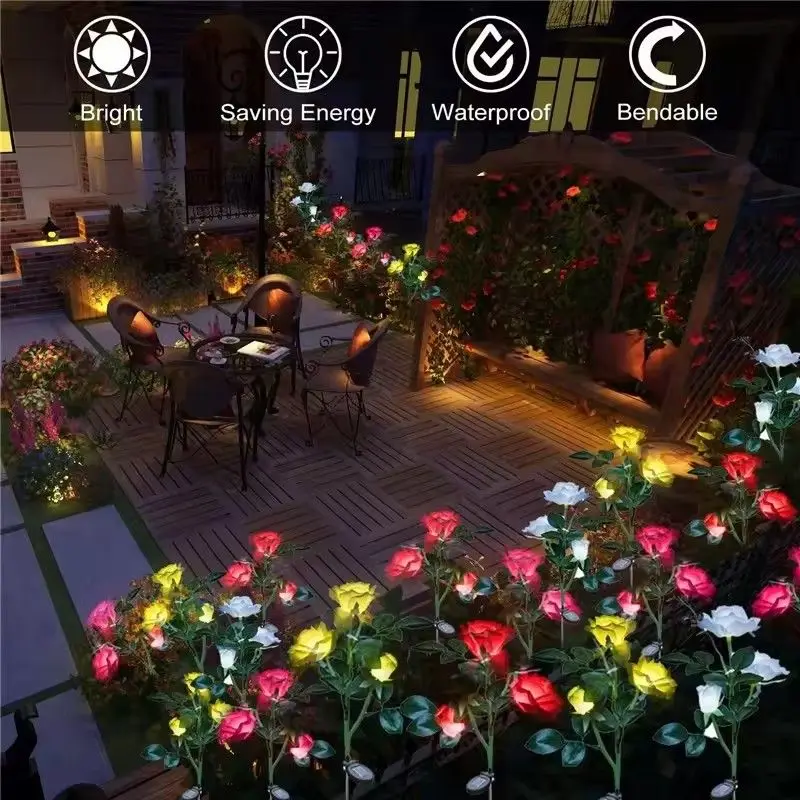 Solar 4 Heads Roses Outdoor Waterproof Garden Lights