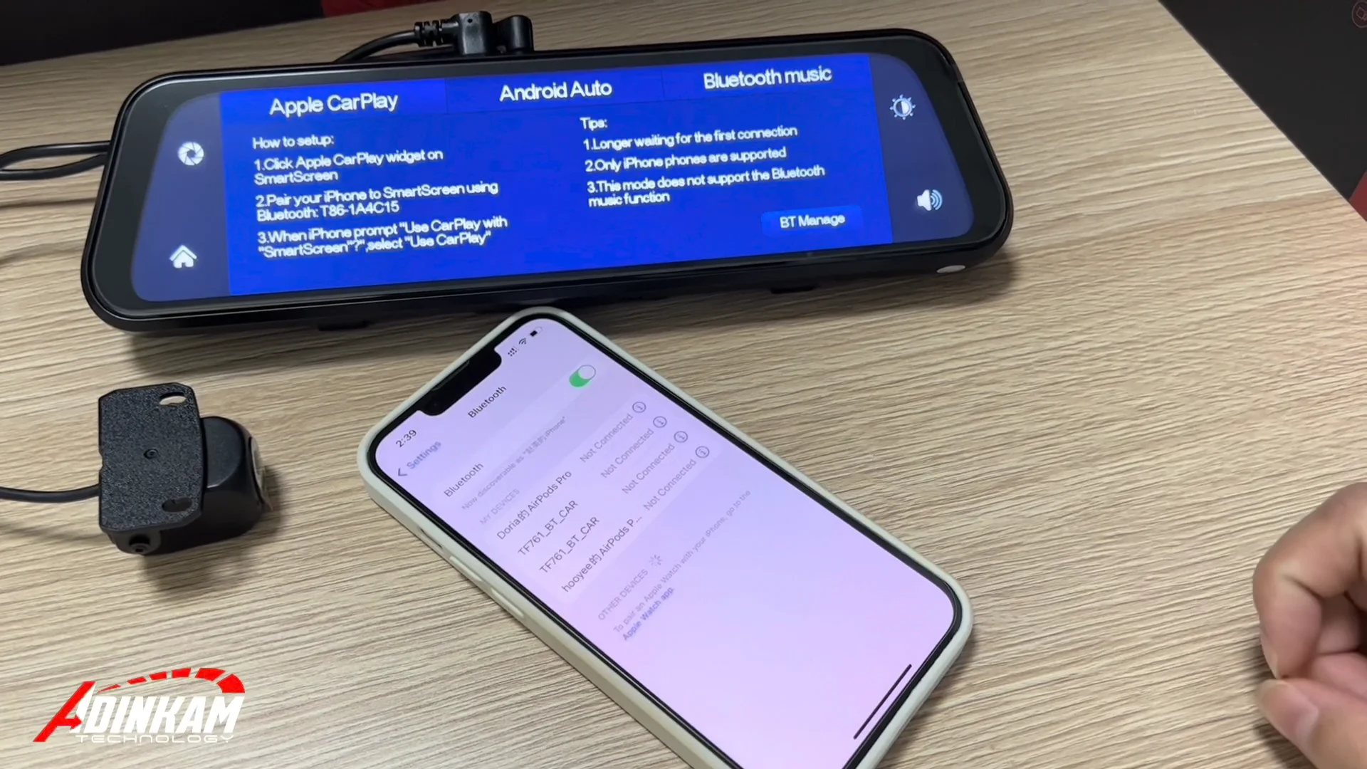 Adinkam Carplay Android Auto 10 Inch Dual Lens Car Streaming Rearview ...