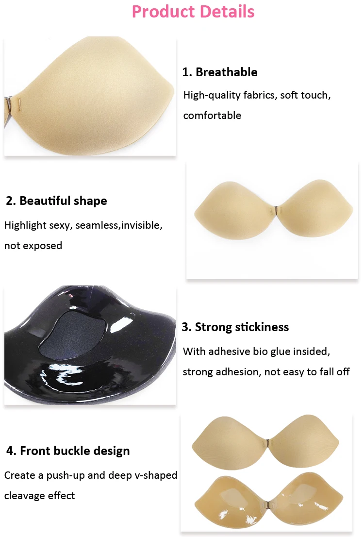 Womens Seamless Backless Strapless Good Stick On Sticky Front Push Up ...