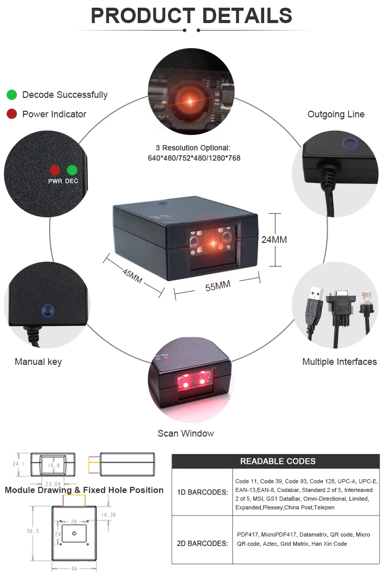 USB RS485D and RS232 Interface 1D 2D POS QR Codes Barcode Scanner ...