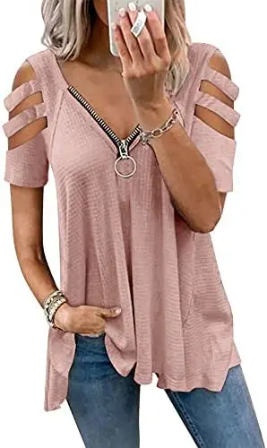 Cold Shoulder Plus Size Tunics Tops For Women Sexy Short Sleeve T Shirts Summer Casual Top