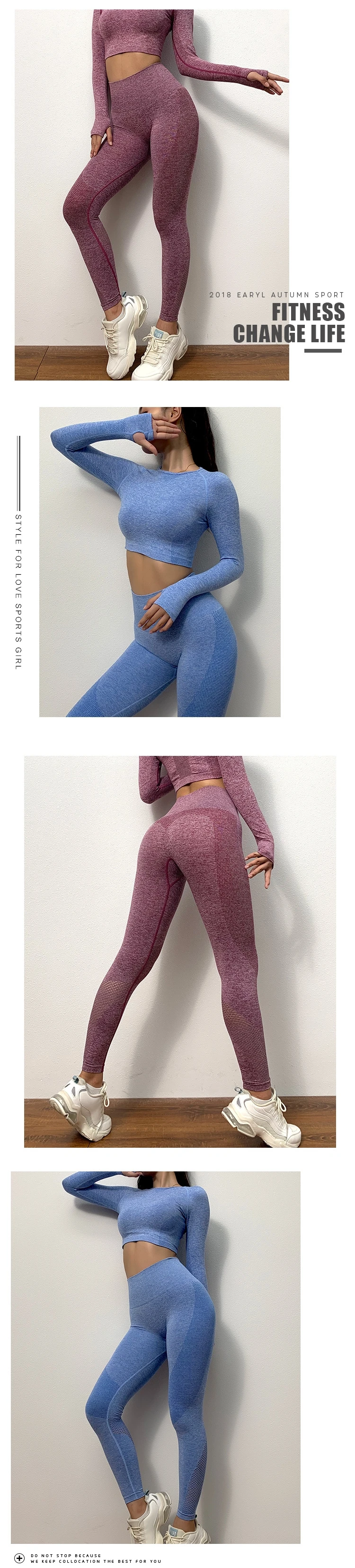 Custom 4 Pieces Outfits Women Seamless Long Sleeve Yoga Set Yoga Pants Stretch Leggings Sport ...