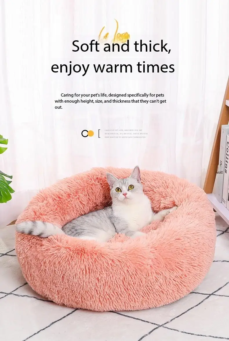Warm Plush Cat Bed Round Deep Sleep Pet Bed for Cats and Small Dogs ...