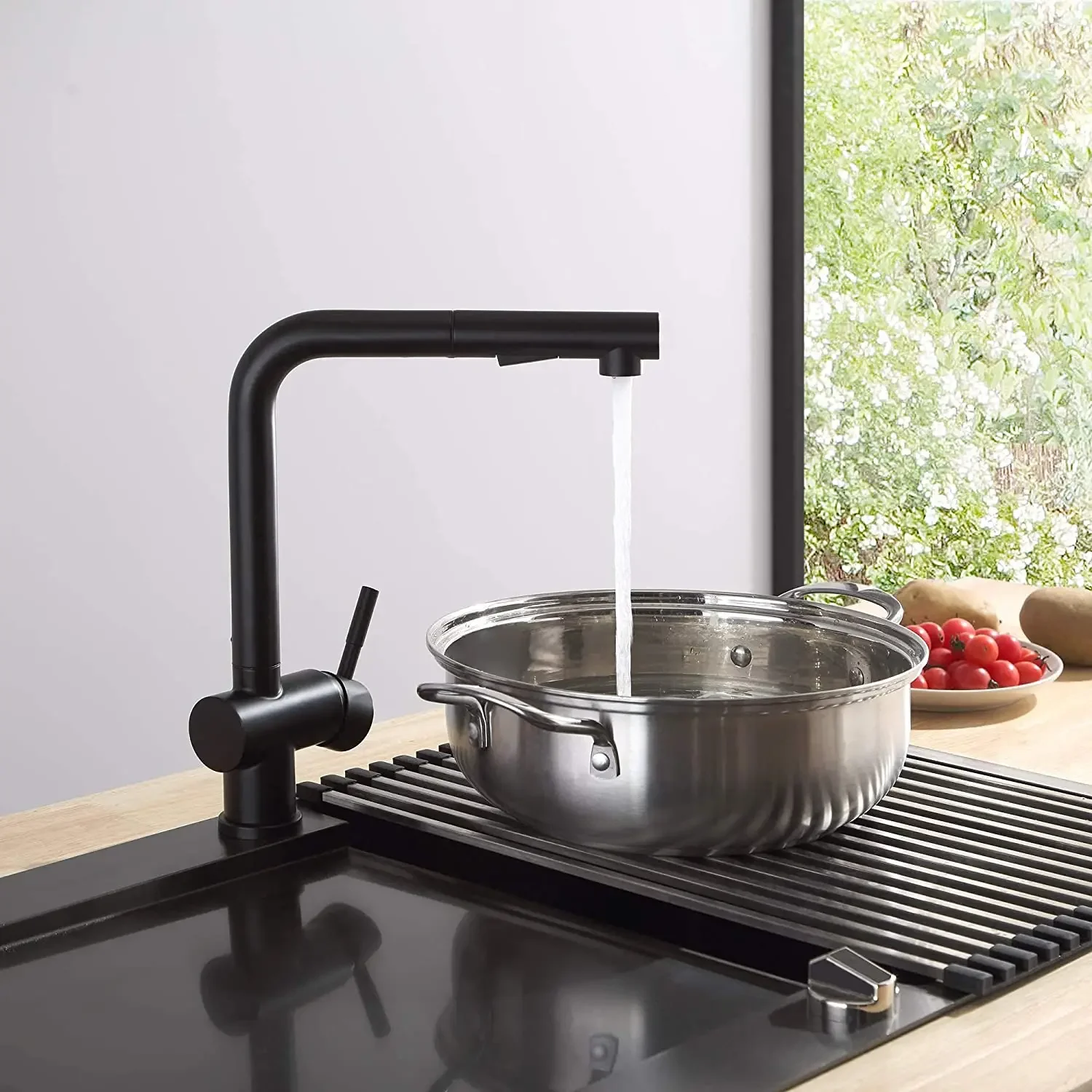 Wall Mounted Kitchen Tap Pull Out Kitchen Faucet Grey Ceramic Brass ...