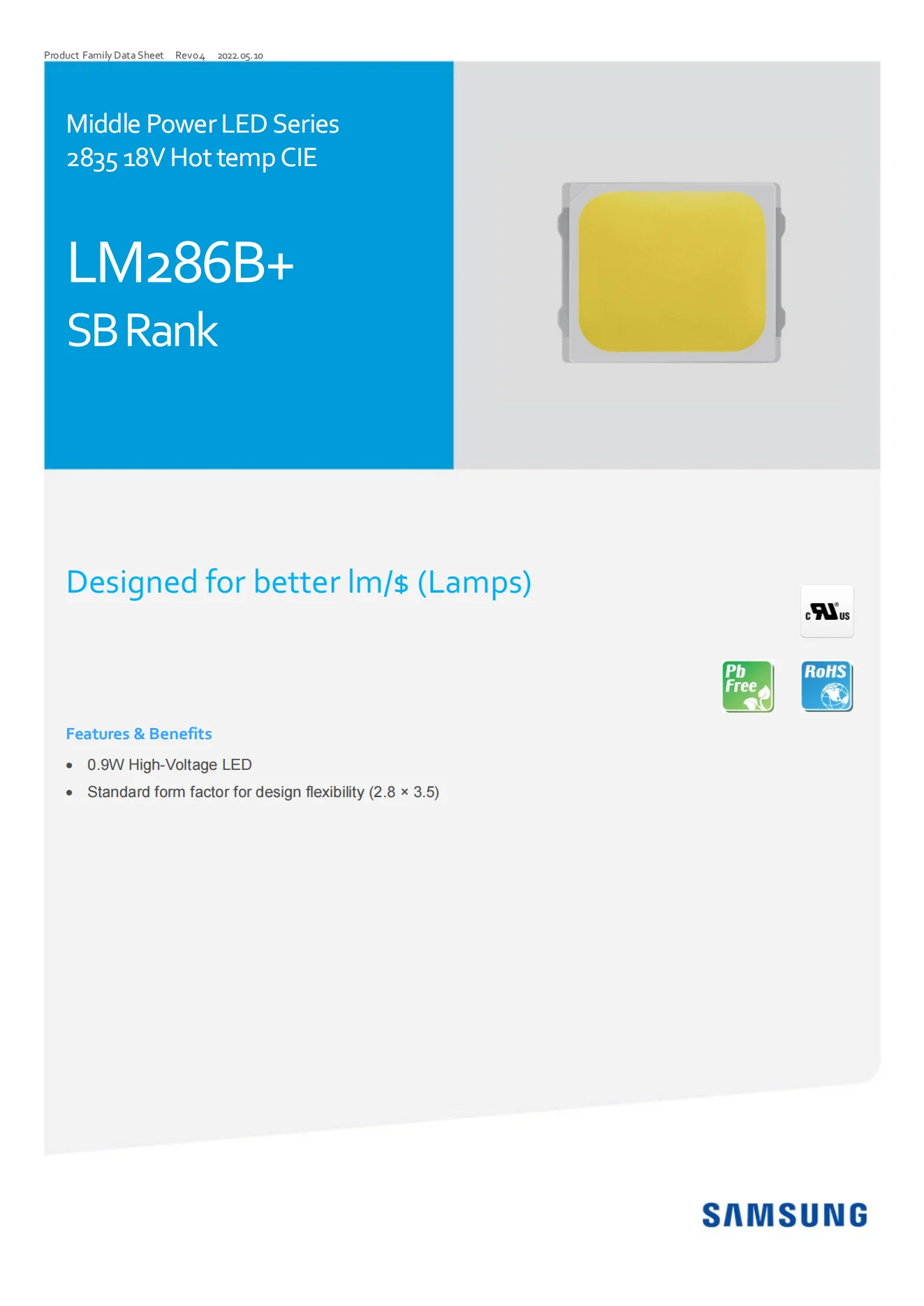 중간 전원 LM286B + Cri80 Cri90 2835 1W 18V SMD LED 칩 화이트 삼성 LM286B 플러스 SB ...