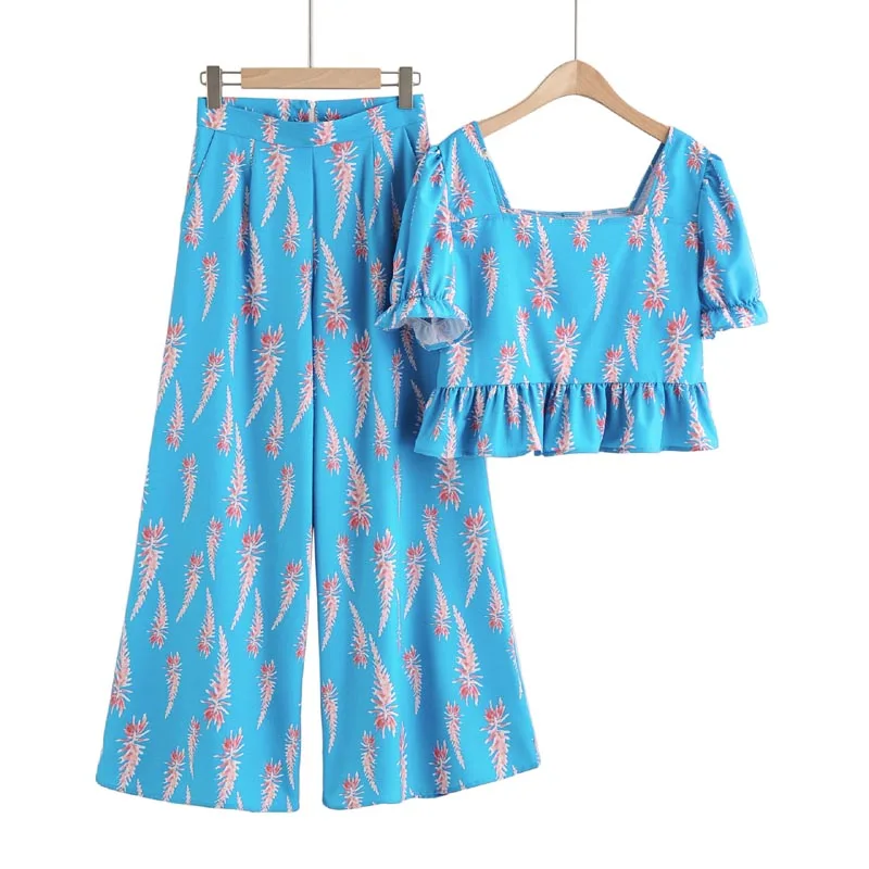 Tz9534 Summer Square Neck Blue Color Floral Print Crop Tops + Wide Leg ...