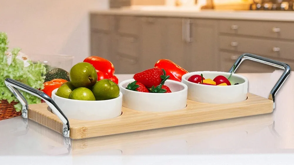 Appetizer Serving Tray With Bamboo Holder,High Quality Ceramic Divided ...