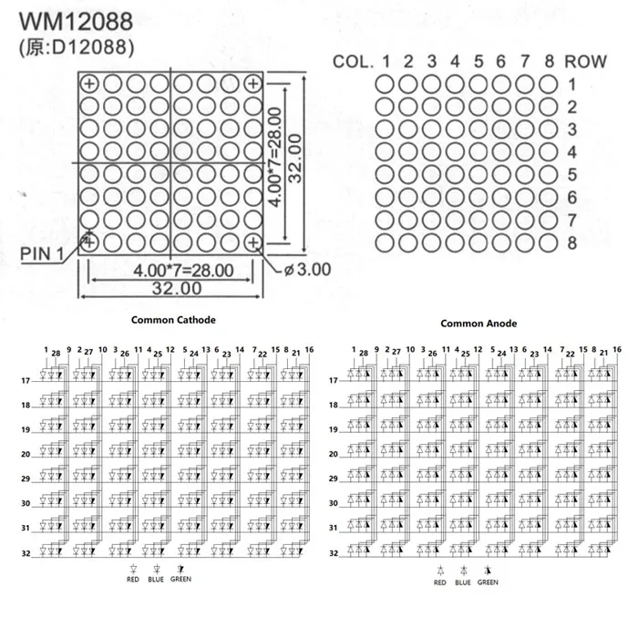 3mm 8x8 Rgb Led Matrix 8x8 Round Dot Matrix Display 32x32mm - Buy 8*8 ...