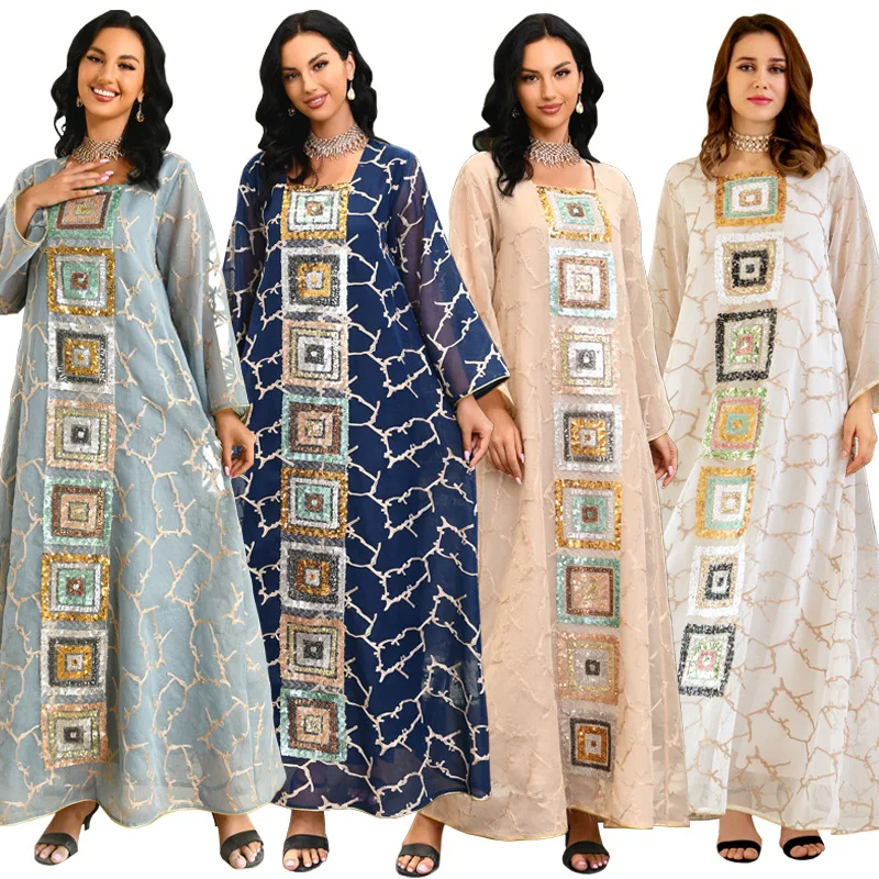 AB186 Women's Linen Embroidery Beaded Habaya Abaya Islamic Dress with ...