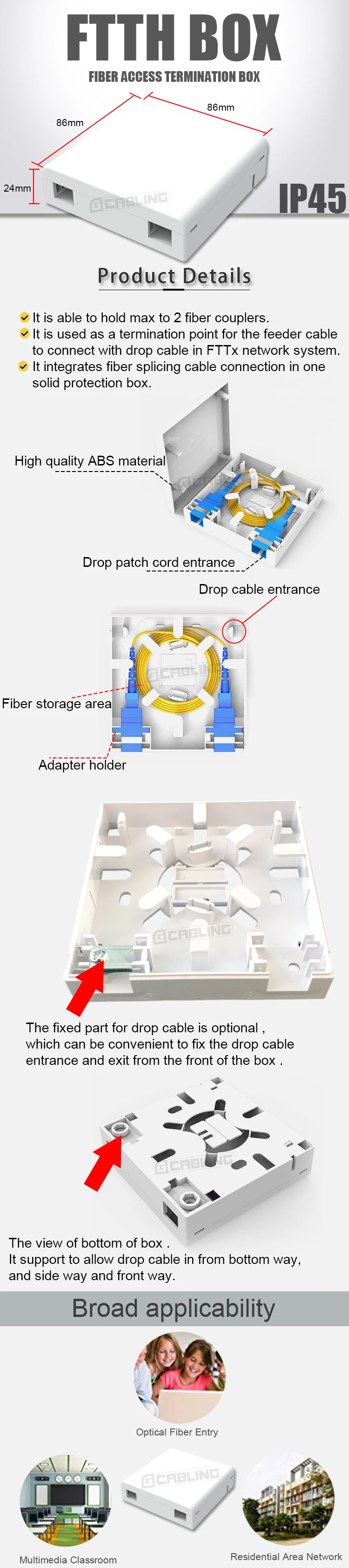 Gcabling 2core Ftth 86 Box Ftth Termination Loaded Sc/apc Pigtail Fiber ...