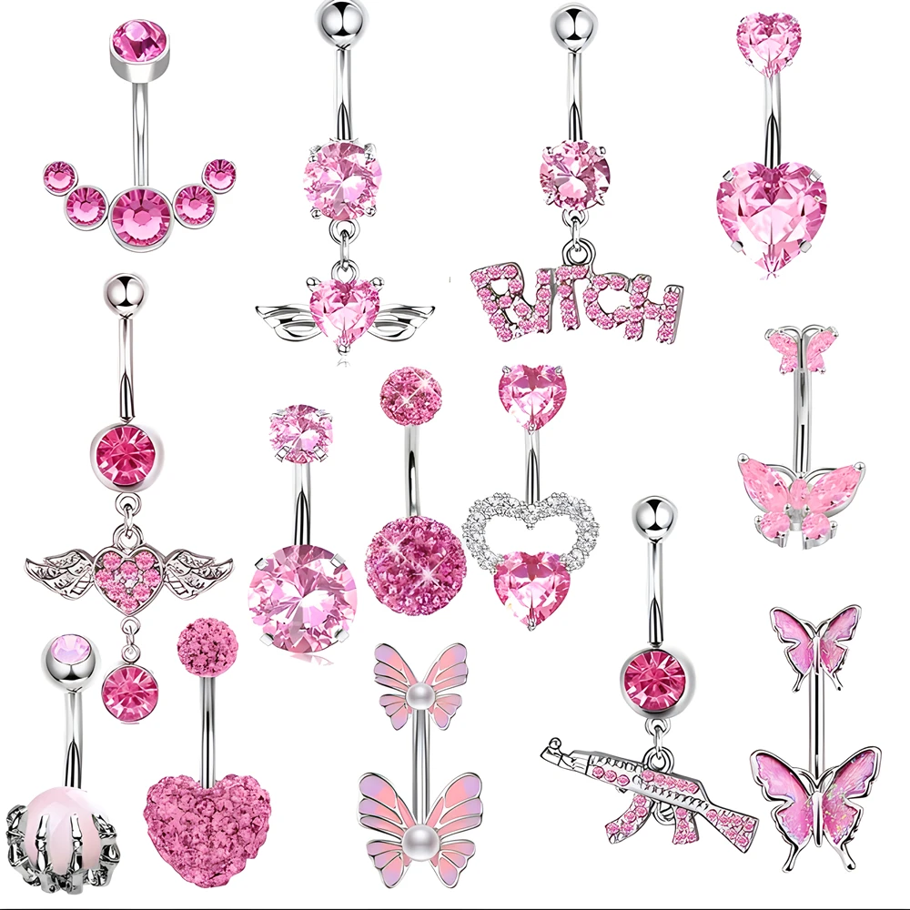 New Arrival Navel Button Rings Set Pink Crystal Belly Ring Stainless Steel Belly Piercing ...
