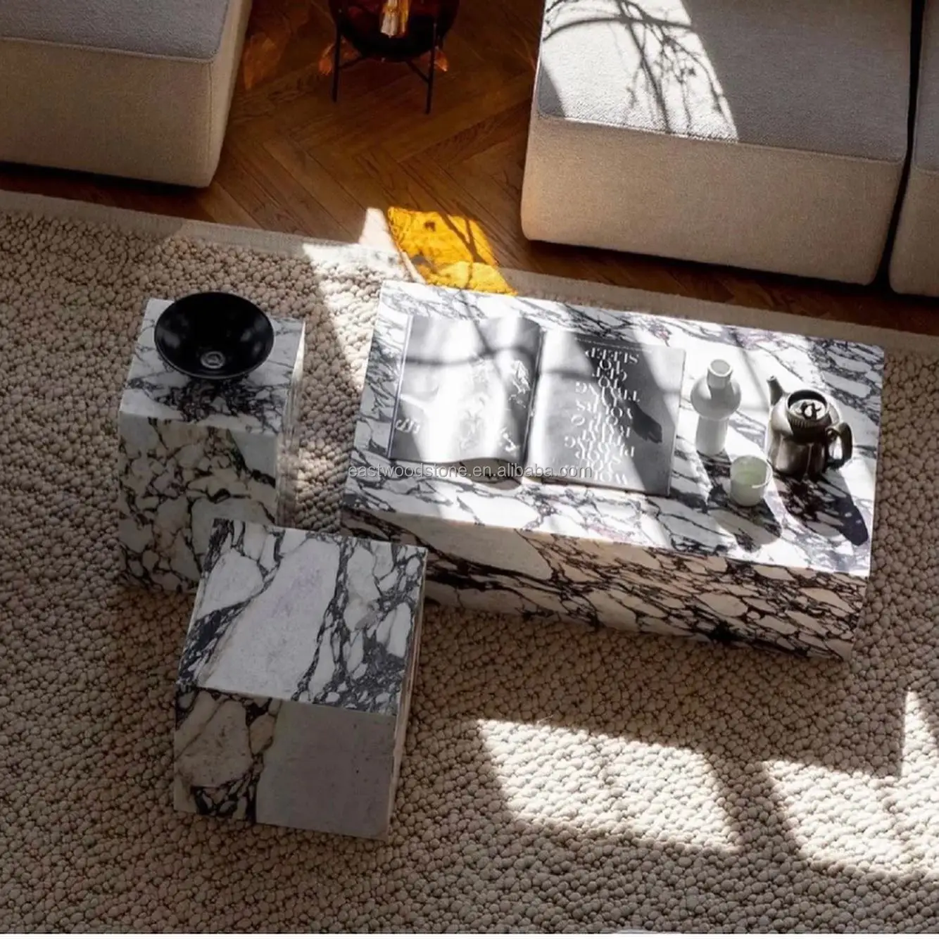 Natural Modern Calacatta Viola Marble Block Plinth Table Coffee Table ...