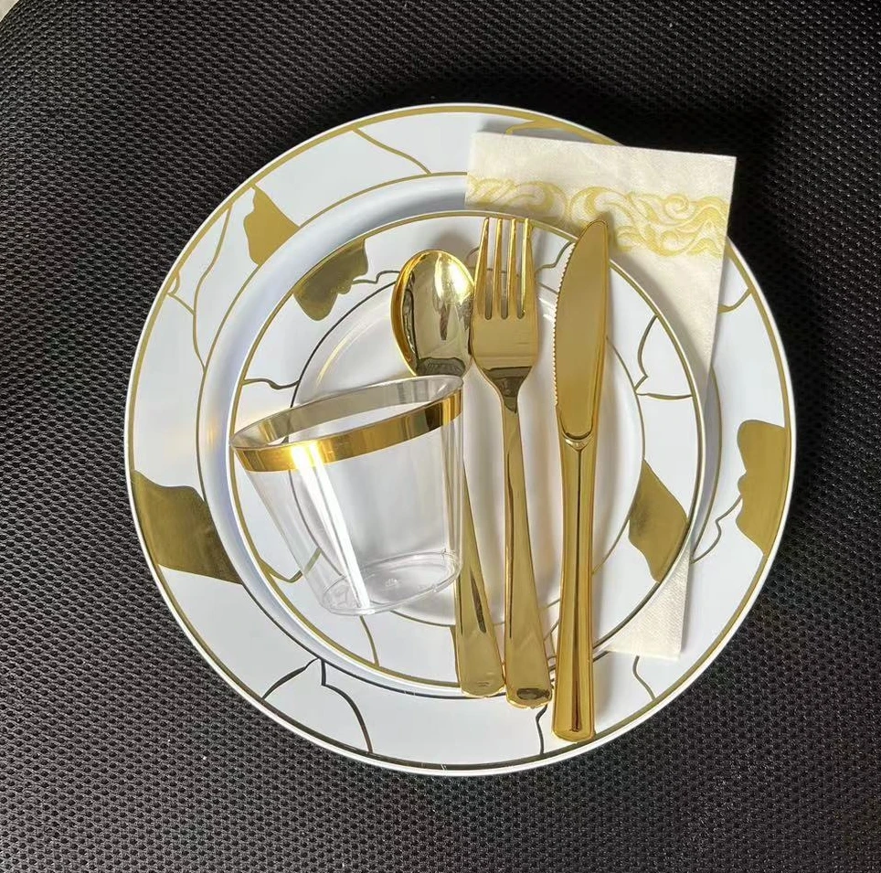 175 Piece Gold Dinnerware Plastic Set for Elegant Parties
