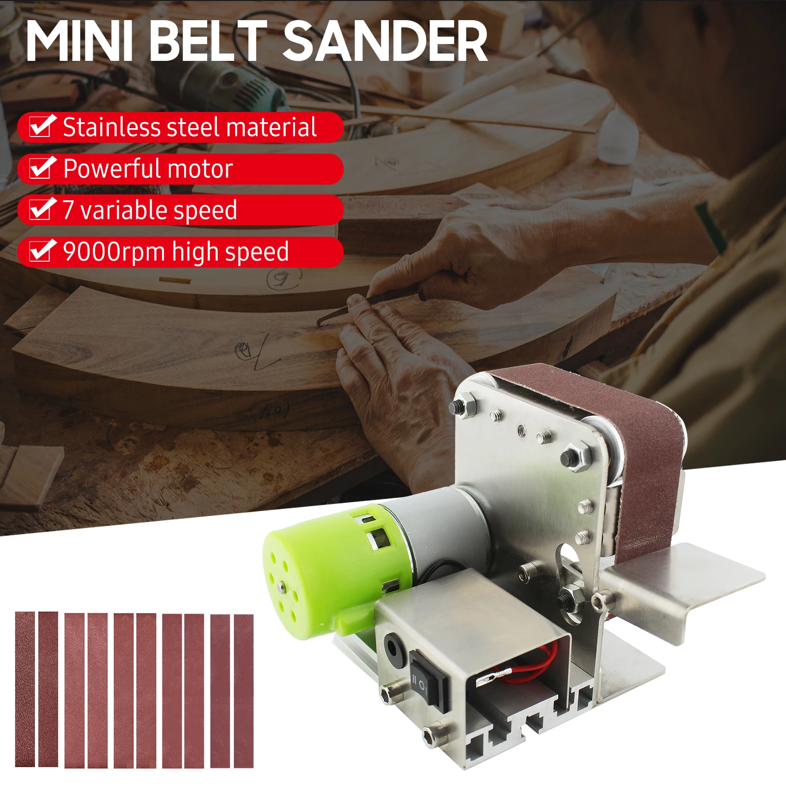30*300mm Mini Belt Sander - 7 Variable Speed Polishing Machine