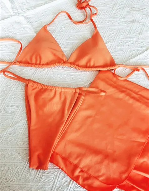 Three Piece Swimwear New Shiny Fabric Bathing Suit Strap Sexy Satin ...