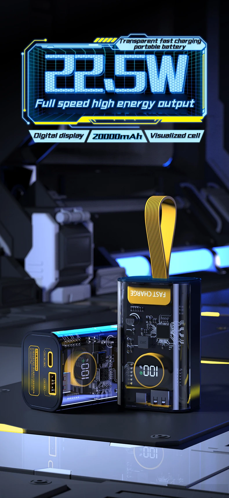 Hot Sale Pd 22.5w Super Charging Protocol Cyberpunk Transparent Power Bank 20000mah For Iphone ...