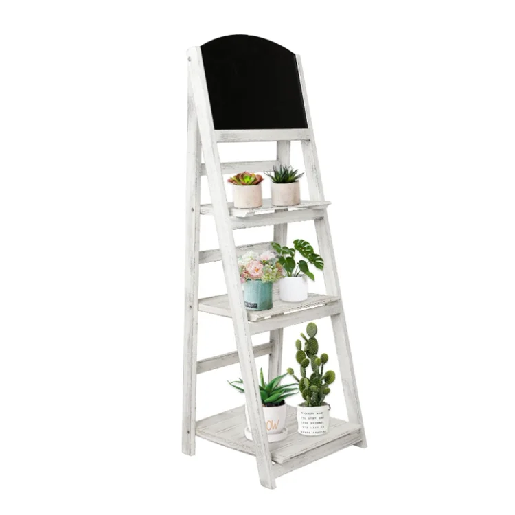 White Folding 3-tier Ladder Shelf Wood Plant Shelf Flower Display Wood ...