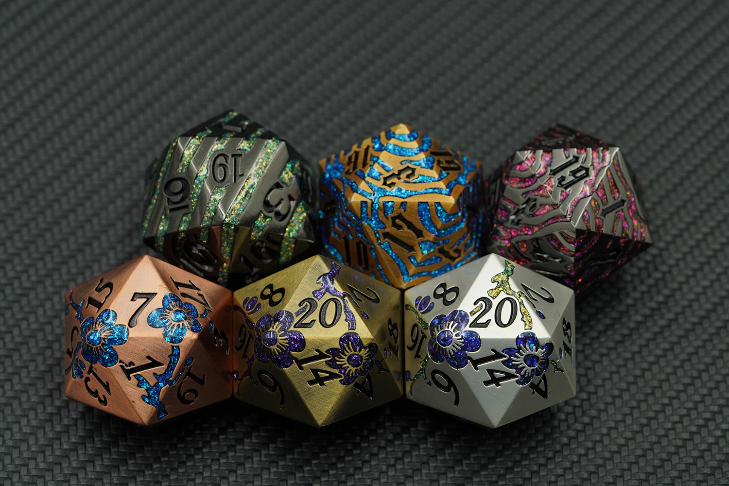 Pile of DND Dice - Colorful 33mm Metal Flower and Stripe Set