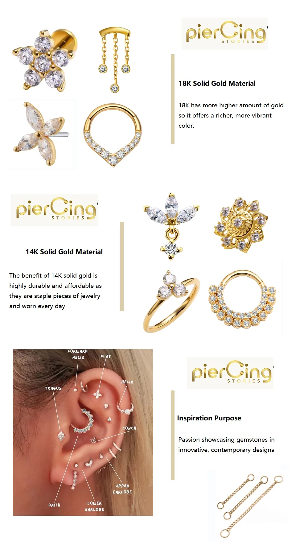 Piercing Stories 14K Solid Gold Pear Cut CZ Threadless Top Piercing ...