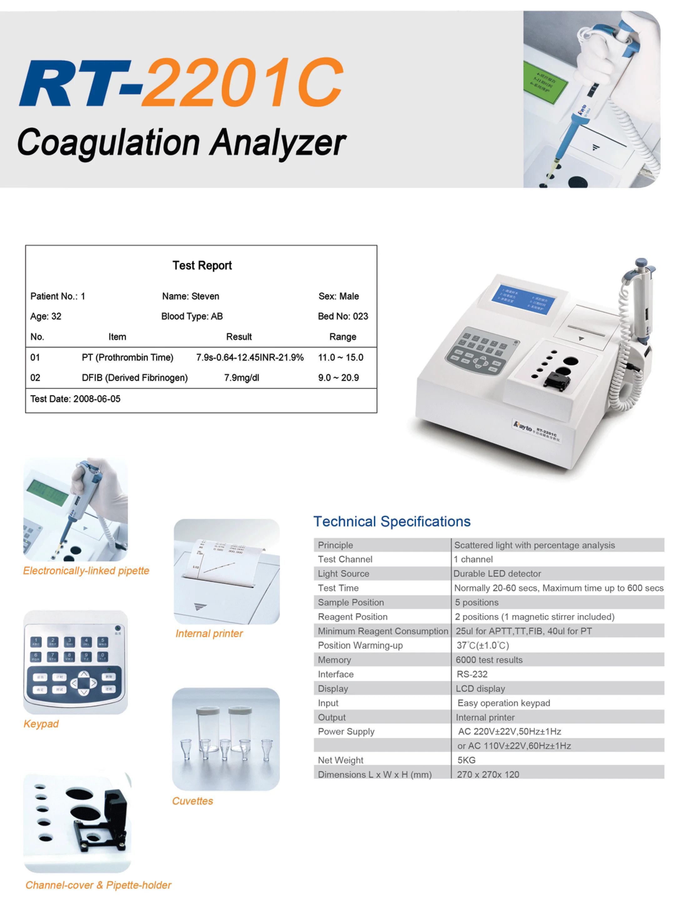 Rayto RT-2201C Potable Blood Coagulation Analyzer - Efficient & Reliable