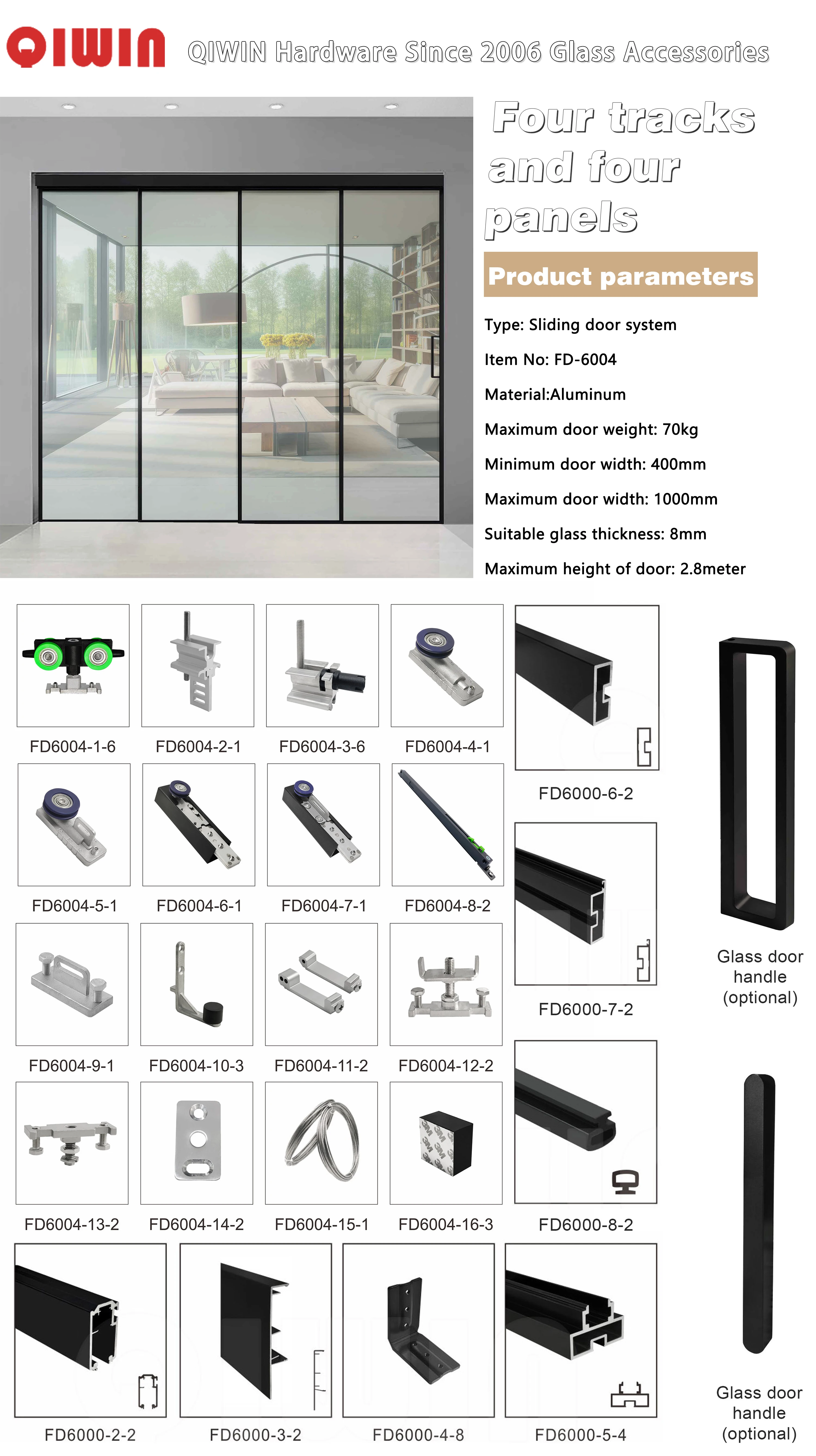 4 Panels Telescopic Sliding Door System with Aluminum Frame