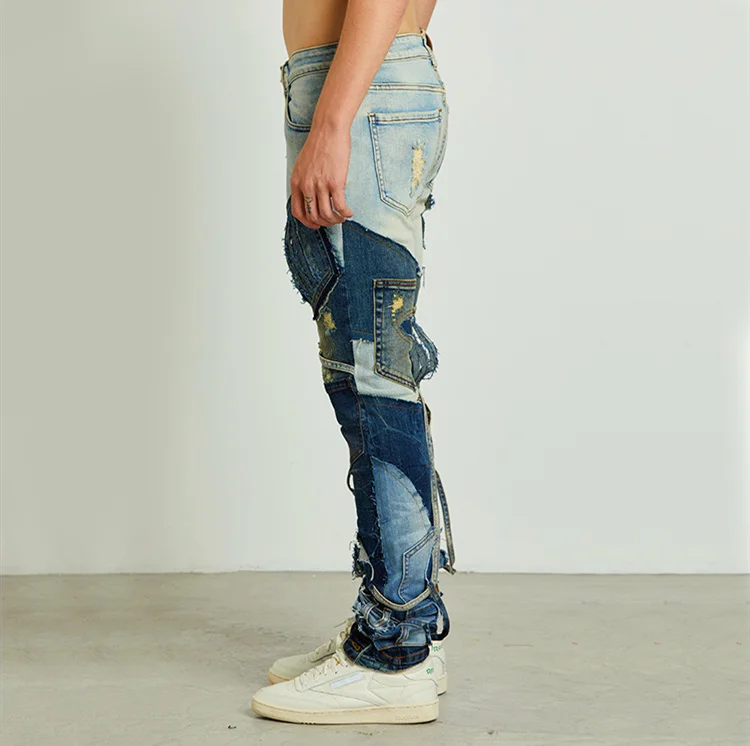 2022 Custom Designer Stretchy Skinny Patchwork Stacked Denim Jeans Men ...